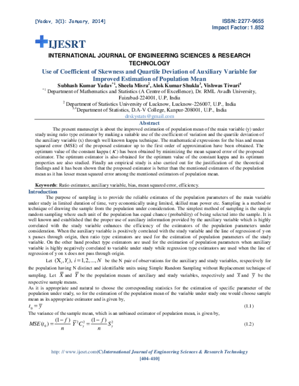 Pdf Technology Use Of Coefficient Of Skewness And Quartile Deviation Of Auxiliary Variable For