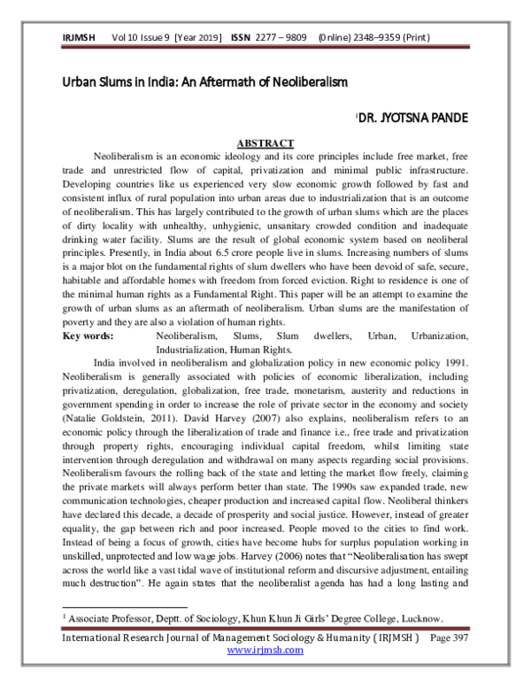(PDF) Urban Slums in India: An Aftermath of Neoliberalism