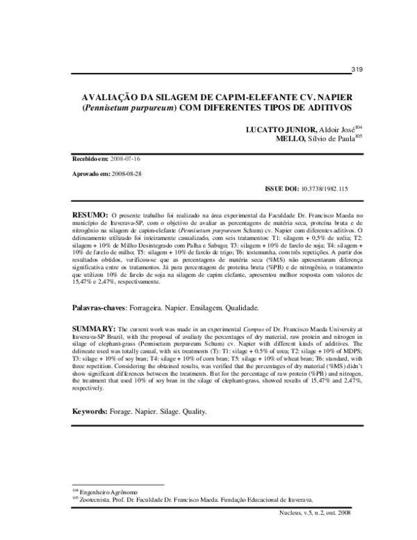 (PDF) AVALIAÇÃO DA SILAGEM DE CAPIM-ELEFANTE CV. NAPIER (Pennisetum ...