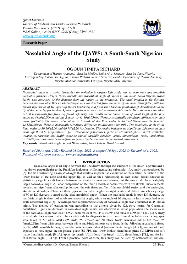 (PDF) Nasolabial Angle of the IJAWS: A South-South Nigerian Study
