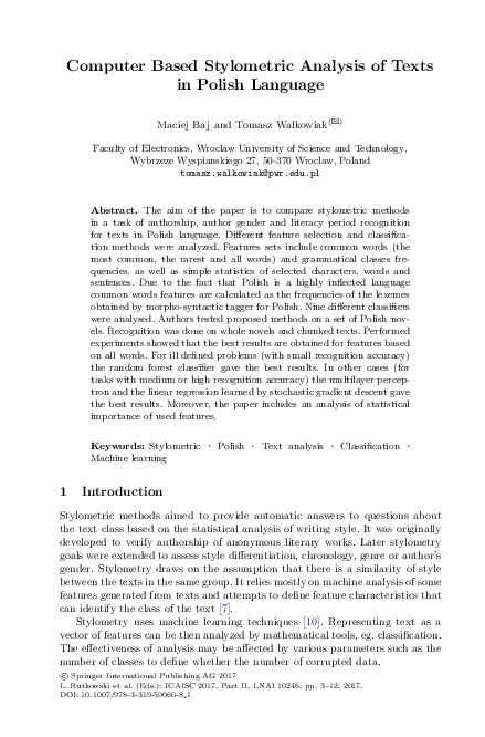 (PDF) Computer Based Stylometric Analysis of Texts in Polish Language