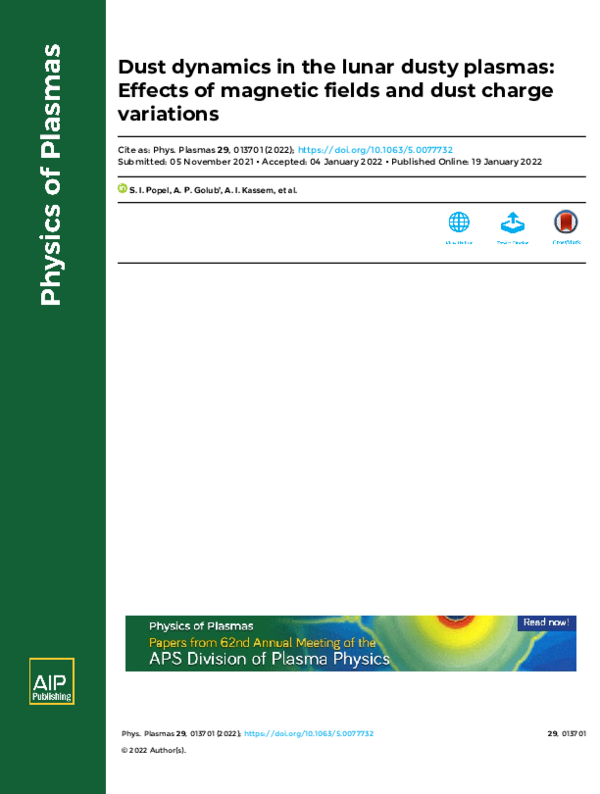 (PDF) Dust dynamics in the lunar dusty plasmas: Effects of magnetic fields and dust charge ...