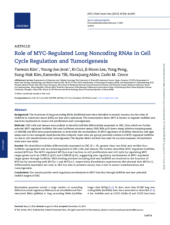 (PDF) Role of MYC-Regulated Long Noncoding RNAs in Cell Cycle Regulation and Tumorigenesis ...