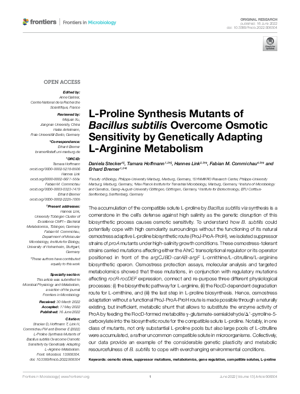 Pdf L Proline Synthesis Mutants Of Bacillus Subtilis Overcome Osmotic
