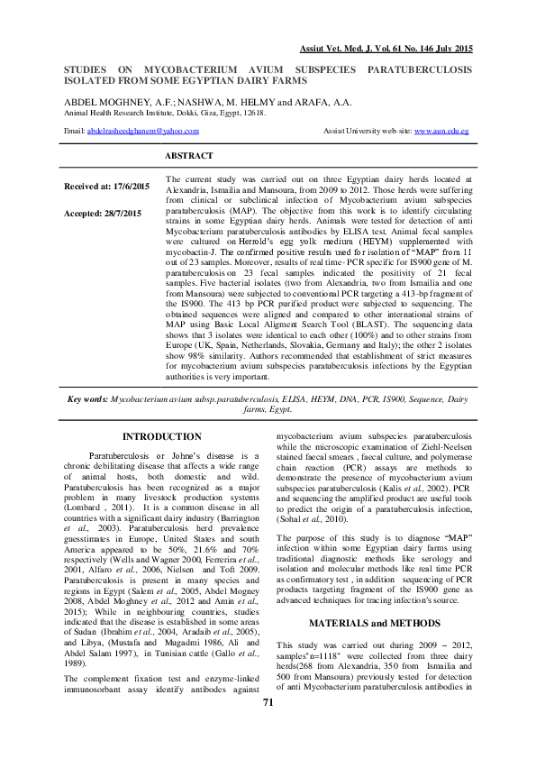 (PDF) Studies on Mycobacterium Avium Subspecies Paratuberculosis ...