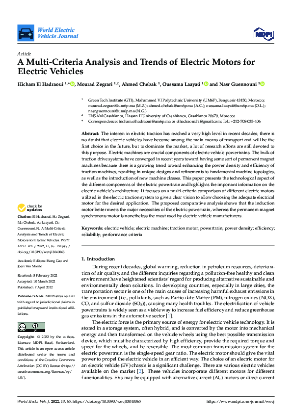 (PDF) A Multi-Criteria Analysis and Trends of Electric Motors for Electric Vehicles