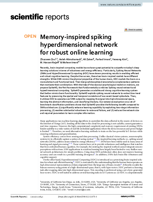 (PDF) Memory-inspired spiking hyperdimensional network for robust online learning