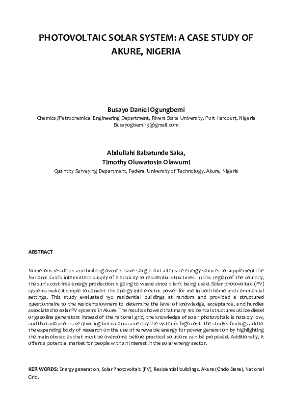 (PDF) PHOTOVOLTAIC SOLAR SYSTEM: A CASE STUDY OF AKURE, NIGERIA