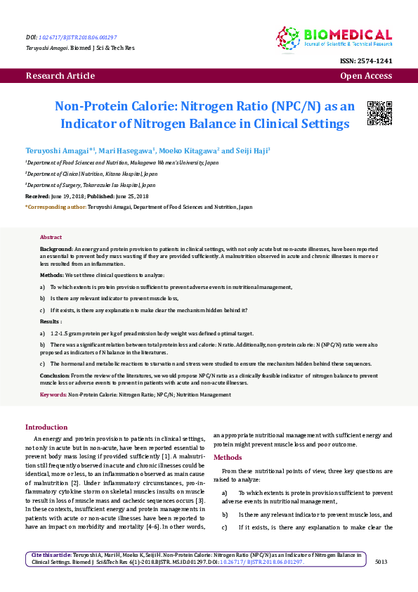 (PDF) Non-Protein Calorie: Nitrogen Ratio (NPC/N) as an Indicator of Nitrogen Balance in ...