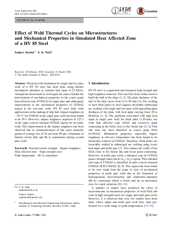 (PDF) Effect of Weld Thermal Cycles on Microstructures and Mechanical Properties in Simulated ...