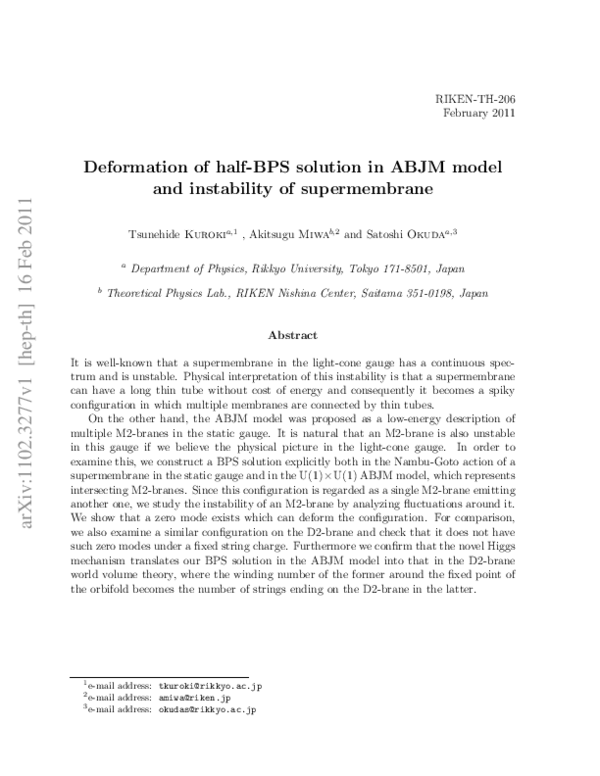 (PDF) Deformation of half-BPS solution in ABJM model and instability of ...