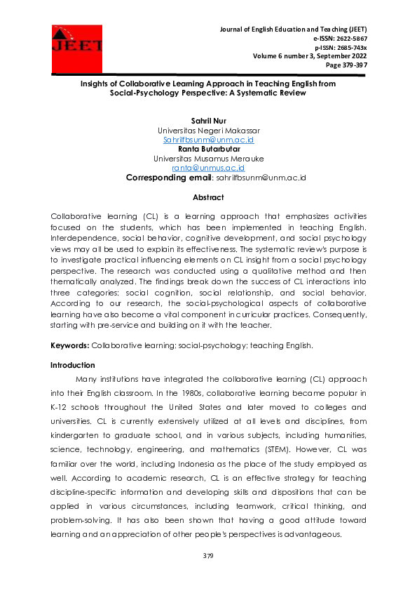 (PDF) Insights of Collaborative Learning Approach in Teaching English from Social-Psychology ...