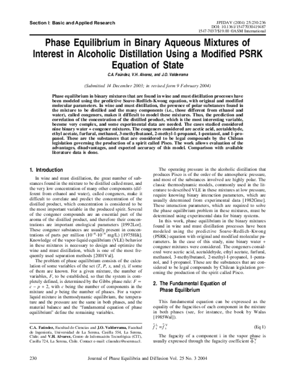 (PDF) Phase equilibrium in binary aqueous mixtures of interest in alcoholic distillation using a ...