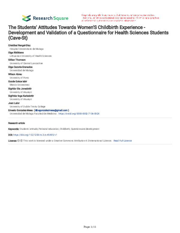 (PDF) The Students' Attitudes Towards Women'S Childbirth Experience ...