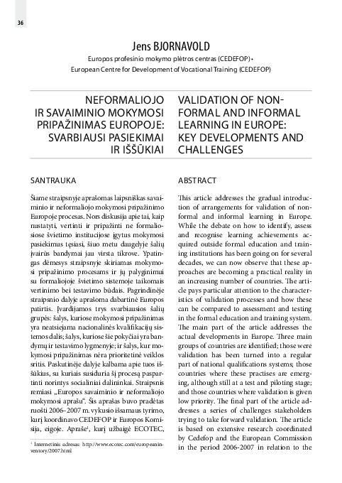 (PDF) Svarbiausi Pasiekimai Ir Iššūkiai Validation of Non-Formal and Informal Learning in Europe ...