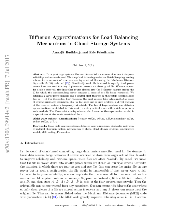 (PDF) Diffusion approximations for load balancing mechanisms in cloud storage systems