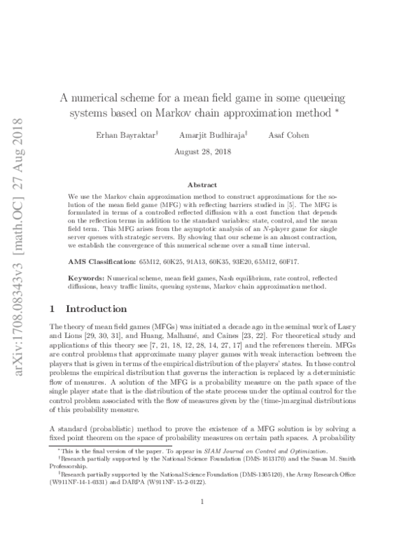 Pdf A Numerical Scheme For A Mean Field Game In Some Queueing Systems Based On Markov Chain