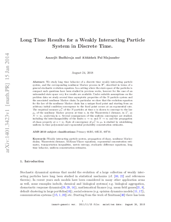 Pdf Long Time Results For A Weakly Interacting Particle System In