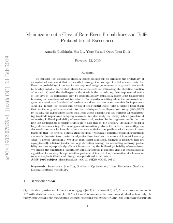 (PDF) Minimization of a class of rare event probabilities and buffered probabilities of exceedance