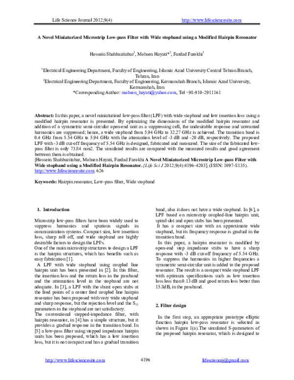 (PDF) A Novel Miniaturized Microstrip Low-pass Filter with Wide stopband using a Modified ...