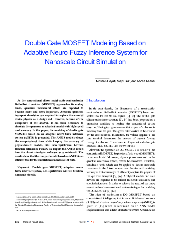 Pdf Double Gate Mosfet Modeling Based On Adaptive Neuro Fuzzy