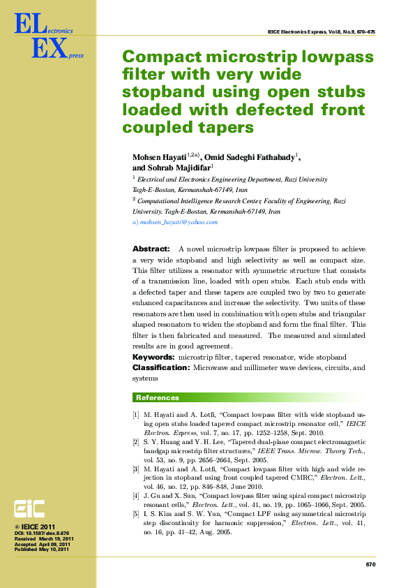 Pdf Compact Microstrip Lowpass Filter With Very Wide Stopband Using Open Stubs Loaded With
