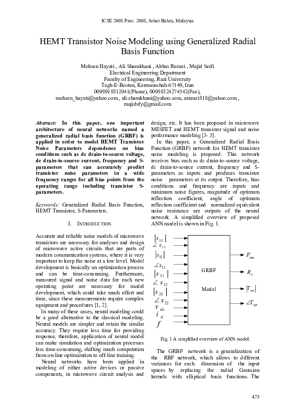 (PDF) HEMT Transistor Noise modeling using generalized radial basis function