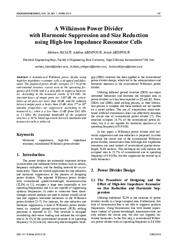(PDF) A Wilkinson Power Divider with Harmonic Suppression and Size Reduction using High-low ...