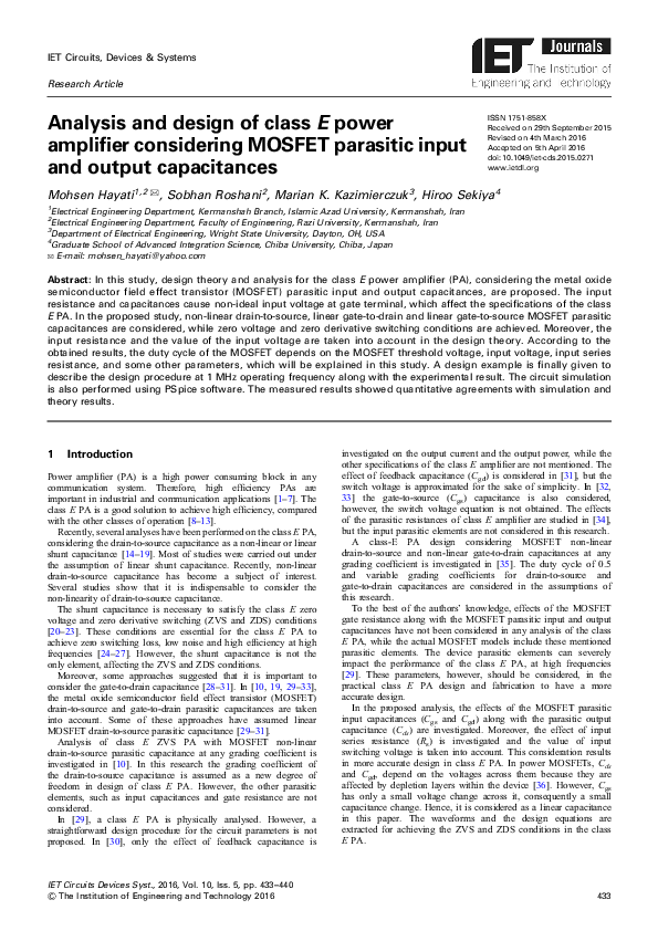 Pdf Analysis And Design Of Class E Power Amplifier Considering Mosfet Parasitic Input And