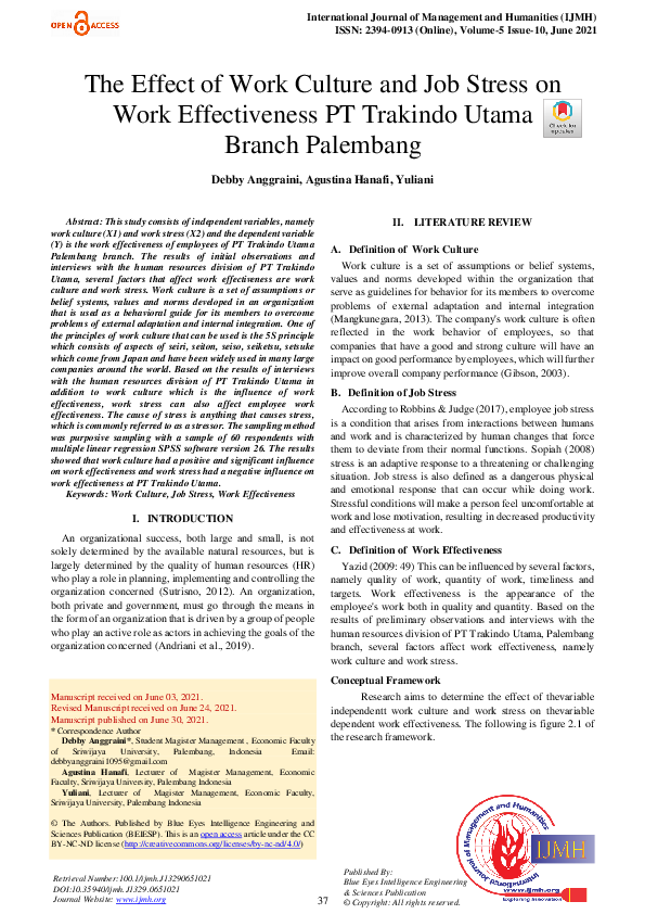 (PDF) The Effect of Work Culture and Job Stress on Work Effectiveness PT Trakindo Utama Branch ...