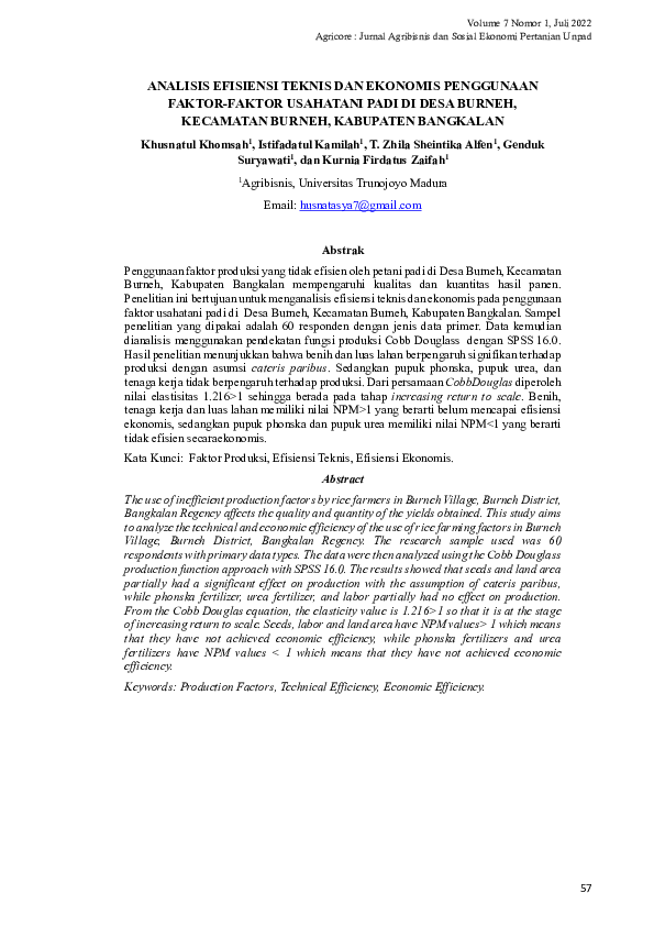 (PDF) Analisis Efisiensi Teknis Dan Ekonomis Penggunaan Faktor-Faktor Usahatani Padi DI Desa ...