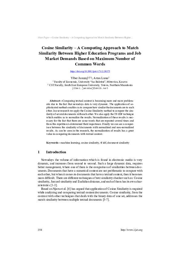 (PDF) Cosine Similarity – A Computing Approach to Match Similarity Between Higher Education ...