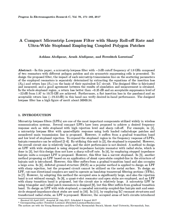 Pdf Compact Microstrip Lowpass Filter With Sharp Roll‐off And Ultra‐wide Stop‐band