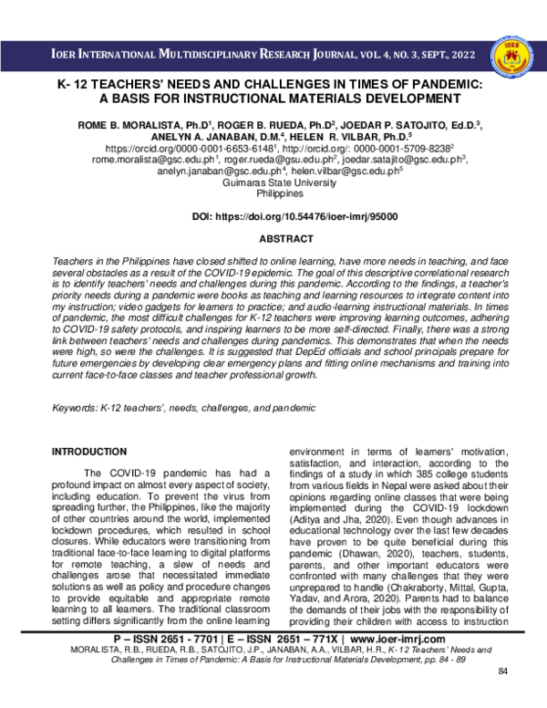(PDF) K-12 TEACHERS' NEEDS AND CHALLENGES IN TIMES OF PANDEMIC: A BASIS ...