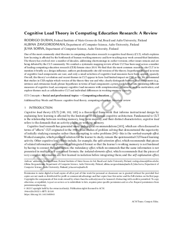 (PDF) Cognitive Load Theory in Computing Education Research: A Review
