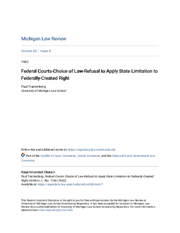 (PDF) Federal Courts: Choice of Law: Refusal to Apply State Limitation ...