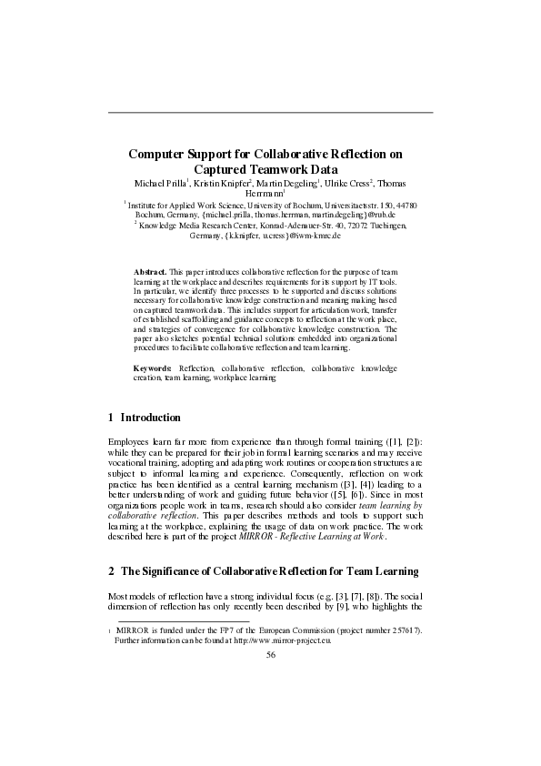 (PDF) Computer support for collaborative reflection on captured teamwork data