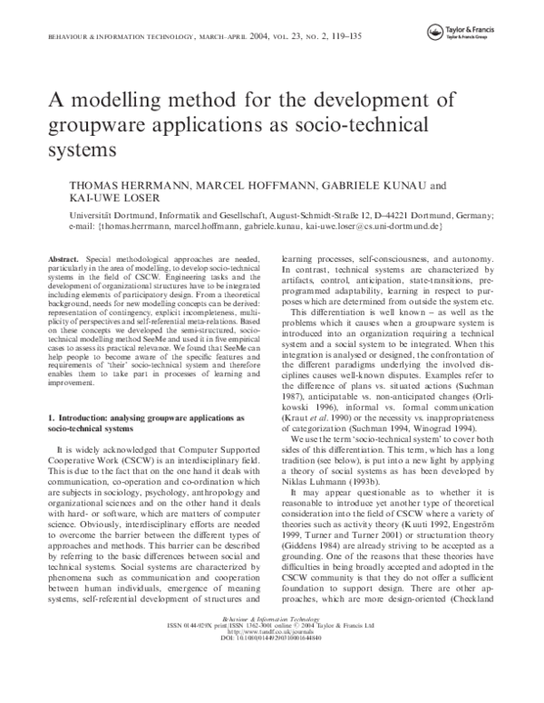 (PDF) A modelling method for the development of groupware applications as socio-technical systems