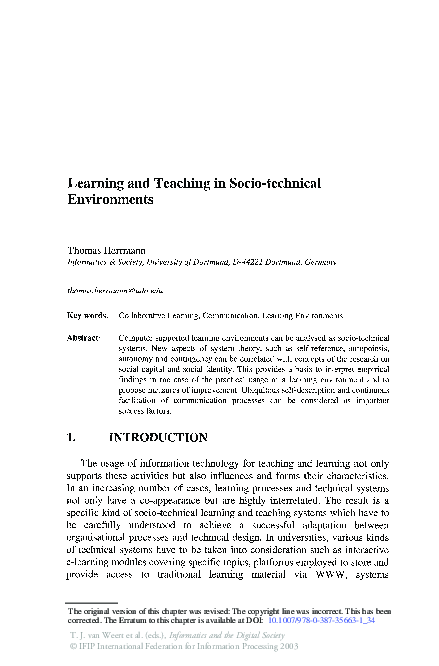 (PDF) Learning and Teaching in Socio-technical Environments