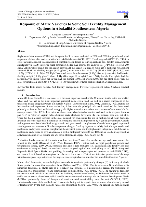 (PDF) Response of Maize Varieties to Some Soil Fertility Management Options in Abakaliki ...