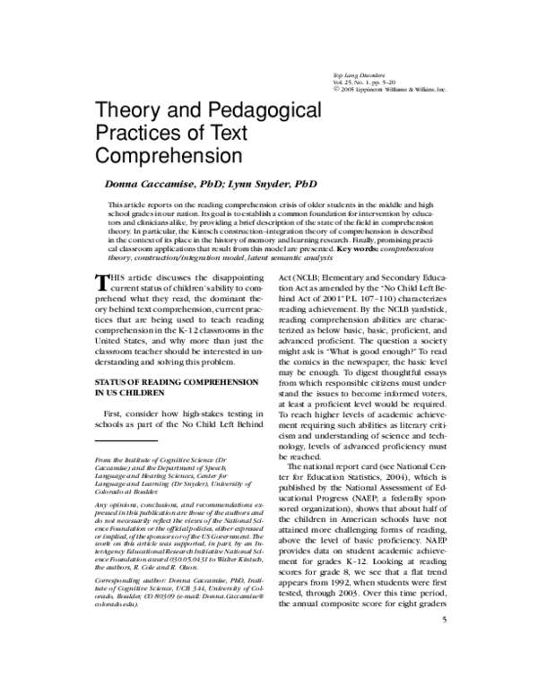 (PDF) Theory and Pedagogical Practices of Text Comprehension