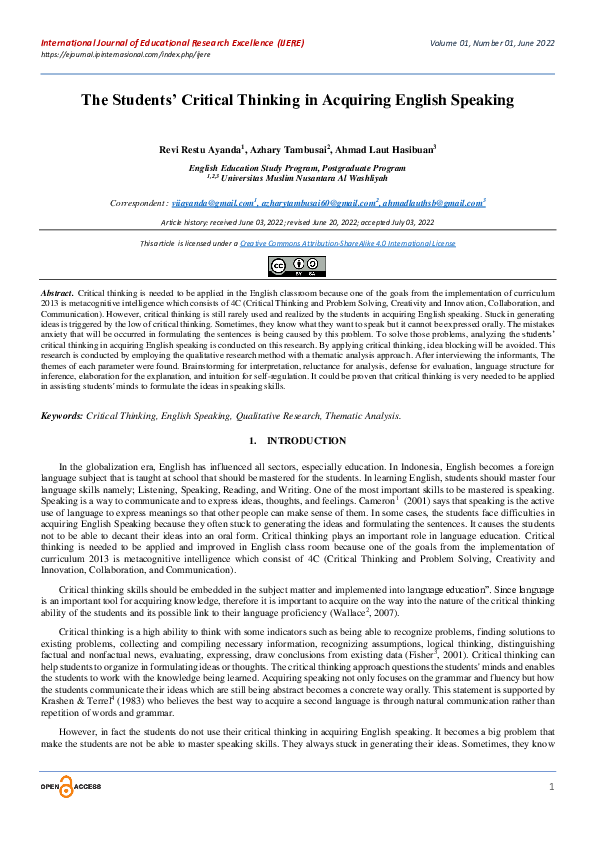 (PDF) The Students’ Critical Thinking in Acquiring English Speaking