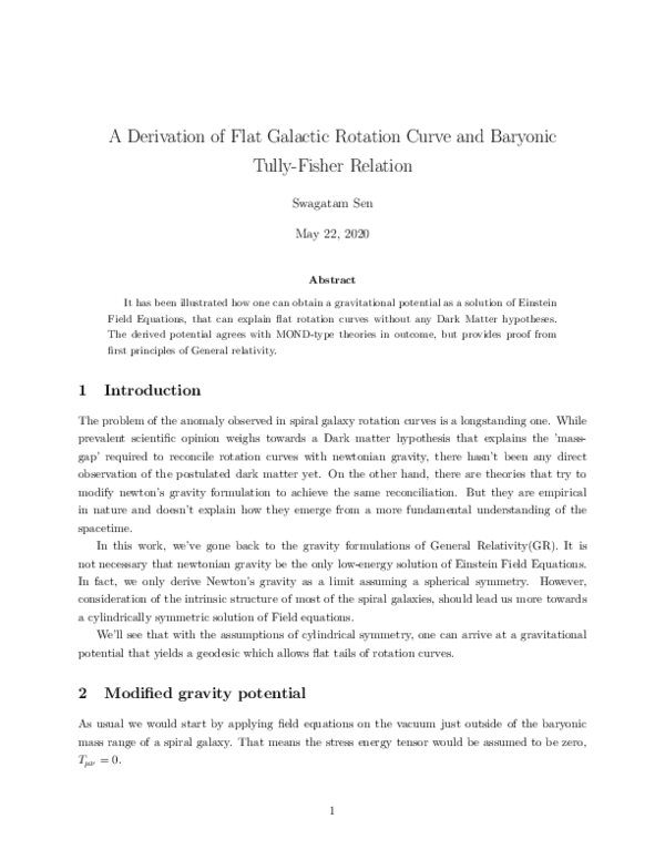 (PDF) A Derivation of Flat Galactic Rotation Curve and Baryonic Tully ...