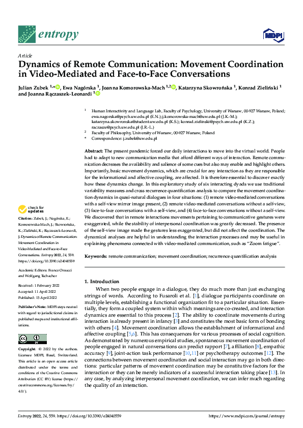 Pdf Dynamics Of Remote Communication Movement Coordination In Video Mediated And Face To Face