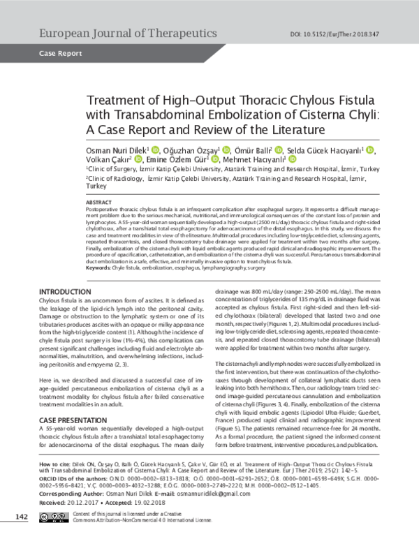 (PDF) Treatment of High-Output Thoracic Chylous Fistula with ...