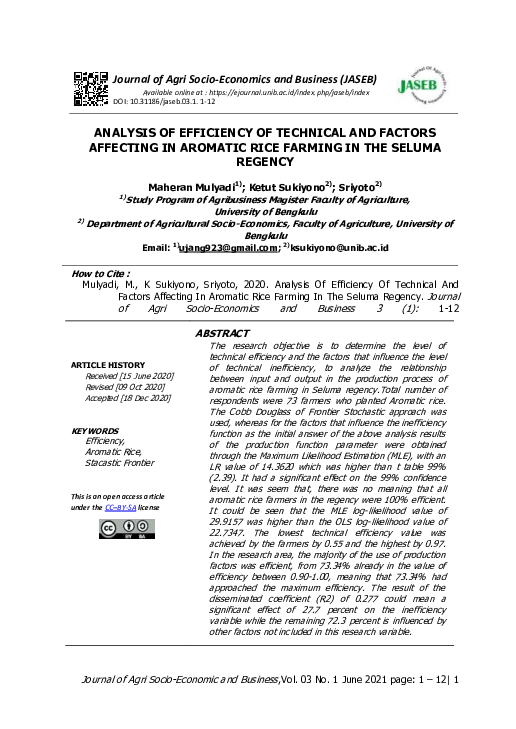 (PDF) Analysis of Efficiency of Technical and Factors Affecting in Aromatic Rice Farming in the ...