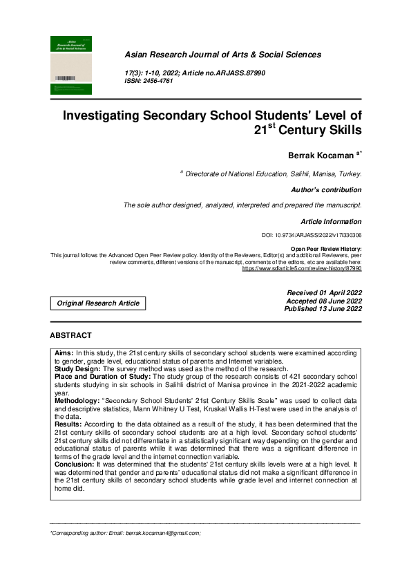 (PDF) Investigating Secondary School Students' Level of 21st Century Skills