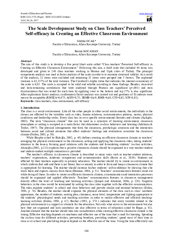 (PDF) The Scale Development Study on Class Teachers' Perceived Self-Efficacy in Creating an ...