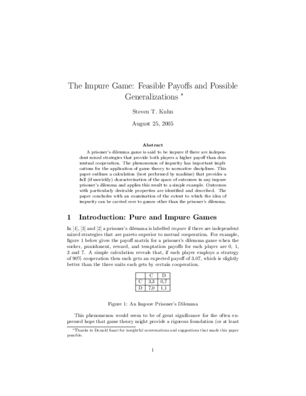(PDF) The Impure Game: Feasible Payoffs and Possible Generalizations