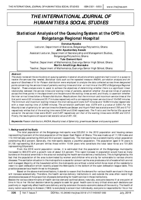 (PDF) Statistical Analysis of the Queuing System at the OPD in Bolgatanga Regional Hospital